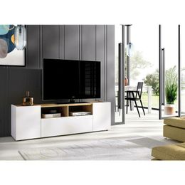 TV-Schrank Dcotal, niedriges Sideboard für Wohnzimmer, TV-Sideboard für Wohnzimmer, 142x35h44 cm, Weiß und Eiche Nodi - Dmora