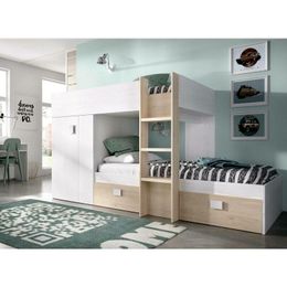Dmora - Kinderbett Cevedale, komplettes Schlafzimmer mit Kleiderschrank und Schubladen, Etagenbettkomposition mit zwei Einzelbetten, 271 x 111 x 150