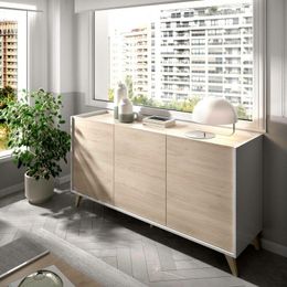 Dmora - Sideboard Dadop, Buffet für Wohnzimmer, Modernes Sideboard für Wohnzimmer mit 3 Türen, 155x43h75 cm, Eiche und Weiß