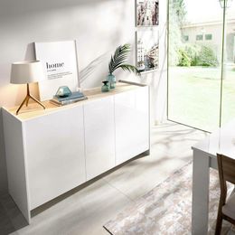 Sideboard Calino, Buffet für Wohnzimmer, Modernes Sideboard für Wohnzimmer mit 3 Türen, 138x42h76 cm, Weiß und Eiche - Dmora