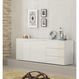 Modernes Sideboard mit 2 Türen und 3 Schubladen, Made in Italy, Küchen-Sideboard, Wohnzimmer-Design-Buffet, 170x40h35 cm, glänzend weiße Farbe - Dmora