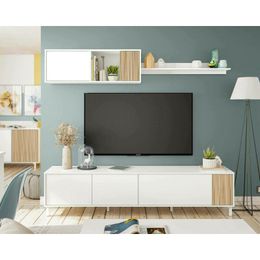 Dmora - TV-Schrank Dolze, Wohnzimmerschrank mit Türen, Hängeschrank mit Regal, Mehrzweck-Sideboard, 200 x 40 x 47 cm, Weiß und Eiche