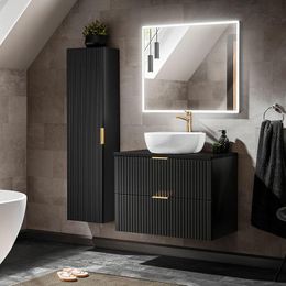 Lomadox - Badezimmer Möbel Set, schwarz matt gerillt, mit 80cm Waschtisch, Keramik Waschbecken und led Spiegel, ADELAIDE-56-BLACK, b/h/t ca.