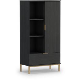 Lomadox Highboard mit 3 offenen Fächern in Esche schwarz Nb. PERIA-132, Industrialdesign mit goldem Fußgestell aus Metall, B/H/T ca. 70/140/41 cm