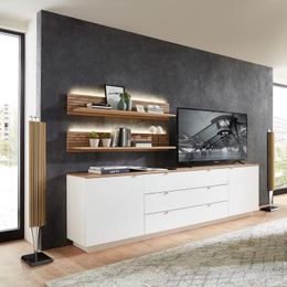 Lomadox Tv Sideboard Set mit Wandregalen Fernsehschrank weiß mit Eiche, Breite 240 cm CUST-36 inkl. led Beleuchtung - weiß