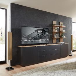 Lomadox Tv Sideboard Set mit Wandregalen Fernsehschrank schwarz mit Eiche, Breite 240 cm CUST-36 - schwarz