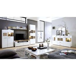 Lomadox Wohnzimmer Möbel Set weiß mit Eiche Applikationen FARO-36 inkl. led Beleuchtung, b/h/t: ca. 315/205/47 cm - weiß