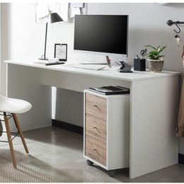 Lomadox - Büro Schreibtisch inkl. Rollcontainer BRAGA-80 in weiß mit Wildeiche Nb., b/h/t: ca. 150/73,6/65 cm - weiß