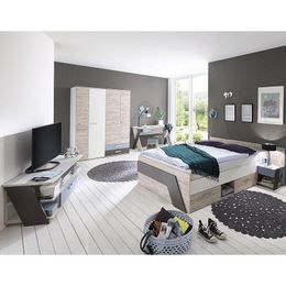 Lomadox Jugendzimmer Set mit Bett 140x200 cm 5-teilig mit Kleiderschrank LEEDS-10 in Sandeiche Nb. mit weiß, Lava und Denim Blau - grau