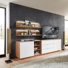 Lomadox - tv Sideboard Set mit Wandregalen Fernsehschrank Eiche mit weiß, Breite 240 cm CUST-36 inkl. led Beleuchtung - weiß