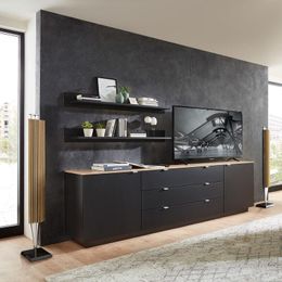 Lomadox Tv Sideboard Set mit Wandregalen Fernsehschrank schwarz mit Eiche, Breite 240 cm CUST-36 - schwarz