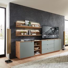 Lomadox Tv Sideboard Set mit Wandregalen Fernsehschrank Eiche mit grün, Breite 240 cm CUST-36 inkl. led Beleuchtung - grün