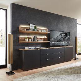 Lomadox - tv Sideboard Set mit Wandregalen Fernsehschrank schwarz mit Eiche, Breite 240 cm CUST-36 inkl. led Beleuchtung - schwarz