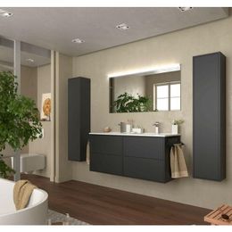 CAESAROO Badezimmer Badmöbel 120 cm Ulisse aus Mattschwarz Holz mit waschtisch aus Porzellan 120 cm - Mit Spiegel, Doppelsäule und doppel LED-Lampe