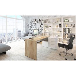 CAESAROO Büroschreibtisch 145x108 cm Weiß matt und kanadische Eiche mit drei Schubladen Anstrich