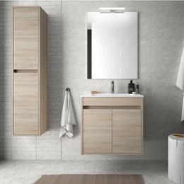 CAESAROO Badezimmer Badmöbel 60 cm aus braunem Holz Caledonia mit zwei Türen Mit Doppelsäule, Spiegel und Led-Lampe