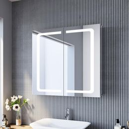 Sonni - Spiegelschrank mit led Beleuchtung 70x65cm Badspiegel Kippschalter Steckdose Edelstahl Kabelloses Scharnier Design