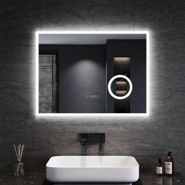 Sonni - Badspiegel led Beschlagfrei Touch Schalter Mit dreifacher Lupe Mit Uhr Vergrößerungsspiegel 80x60cm