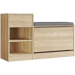 Schuhschrank mit Klapptür und Schublade, Schuhbank mit Sitzkissen , Multifunktional Schuhablage, Holzoptik, 945 x 570 x 300 mm - Sonni