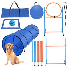 Agility Set Hunde 5-tlg. Training für Haustiere Hundetrainingsset mit Hundetunnel Pausenkasten Sprungring Slalomstangen - Blau, Orange - HENGDA