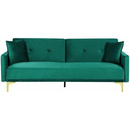 Beliani - Sofa Grün Samtstoff 3-Sitzer Schlaffunktion Klassisch Glamour Zwei Zierkissen Wohnzimmer - Gold