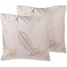 Beliani Dekokissen Rosa 2er Set Polsterbezug 45 x 45 cm Blättermuster Samt Struktur Wohnzimmer Salon Schlafzimmer - Gold