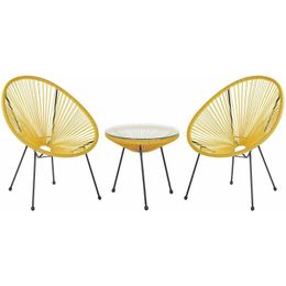 Beliani Balkonset Gelb Polyrattan Beistelltisch mit 2 Stühlen Spaghetti-Optik Modern Mexikanischer Stil Outdoor Balkon Terrasse Garten Möbel - Schwarz