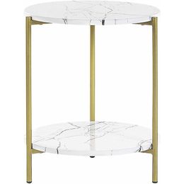 Beliani Beistelltisch Weiß MDF-Platte Marmor Optik Rund 40 cm mit Goldenem Metallgestell Regal Modern Glamour Stil Sofatisch Wohnzimmer Salon Möbel - Weiß