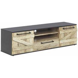 Beliani - TV-Möbel Lowboard Heller Holzfarbton/ Schwarz aus Holzspanplatte/ Metallgriffen mit Stauraum und 1 Schublade Wohnzimmer Modernes Design