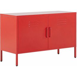 Beliani - Metallschrank Rot Stahl 100 x 40 x 65 cm Sideboard mit hohen Füßen Türen Griffen Regalboden Wohnzimmer Büro Arbeitszimmer Flur Bad - Rot