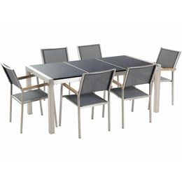 Beliani Gartenmöbel Set Schwarz Grau Granit Edelstahl Tisch 180 cm Poliert 6 Stühle Terrasse Outdoor Modern - Grau