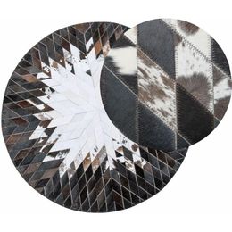 Beliani - Teppich Weiß Schwarz Braun Echtleder 140 x 140 cm Kurzflor Modern Geometrisch Handgewebt Rund - Weiß