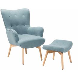 Beliani Sessel mit Hocker Hellblau Polsterbezug Wohnzimmer Salon - Heller Holzfarbton