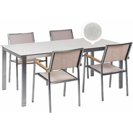 Beliani Gartenmöbel Set 7-Teilig Weiß und Beige Edelstahl 4 Stühle Polyester Tisch 180x90 cm Sicherheitsglas Keramik Gartenausstattung Outdoor Indoor - Weiß