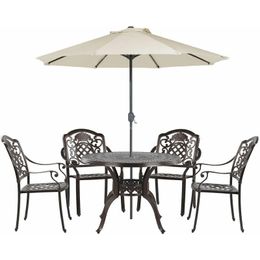 Beliani - Gartenmöbel Set mit Sonnenschirm Dunkelbraun Aluminum 4-Sitzer 6-teilig mit Auflagen Runder Tisch Garten Terrasse Balkon Ausstattung Möbel
