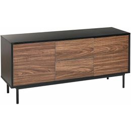 Beliani Sideboard Dunkler Holzfarbton und Schwarz Faserplatte Stahl 120 x 38 x 55 cm Holzoptik Schubladen Türen Tip-on Technik Metallgestell Wohnzimmer