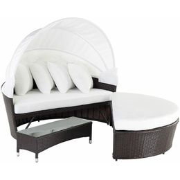 Beliani Strandkorb dunkelbraun/cremeweiß Polyrattan Baumwolle 2-Sitzer Sonnendach inkl. Kissen Ottomane Tisch - Silber