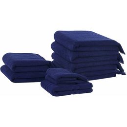 Beliani Handtuch-Set mit Badematte Blau Baumwolle und Polyester 9-teilig mit Fransen Modern Saugfähig Schnelltrocknend Ringgesponnen für Badezimmer - Blau