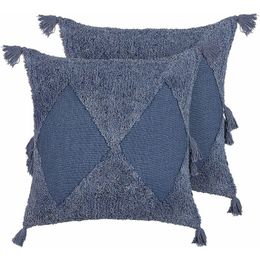 Beliani - Dekokissen 2er Set Blau Baumwolle 45 x 45 cm Bezug mit Füllung Reißverschluss Geometrisches Muster Strukturiert Quasten Boho Wohnzimmer
