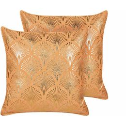 Beliani Set aus 2 Streukissen Orange Baumwolle 45 x 45 cm Geometrisches Silber Muster Handgefertigt Abnehmbarer Bezug mit Füllung Moderner Stil - Orange