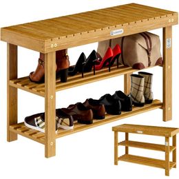 Casaria Schuhregal mit Sitzfläche Holz Massiv 160kg Belastbarkeit FSC®-Zertifiziert Akazie 3 Ebenen Flur Bad Schuhbank Sitzbank Schuhschrank Braun xl