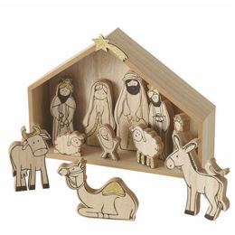 Spetebo Holz Weihnachtskrippe mit 11 bemalten Figuren - 25 cm - Krippenstall für Weihnachts Tisch Dekoration - Weihnachtsdeko Tischdeko Advent Weihnachten