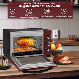 WOLTU Mini Backofen 32 Liter, 1600 Watt Toasterofen Herausnehmbares, 5 Heizmodi, Doppelglastür Pizzaofen mit Drehspieß Backblech Grillrost Krümelblech