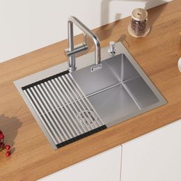 Auralum - Edelstahl Küchenspüle 58 x 45 cm Einbauspüle, Küchenspülbecken für ab 65cm Unterschrank, Edelstahlspüle, inkl. Seifenspender, Abtropfgitter