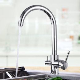 Auralum 3 Wege Wasserhahn Küche, 360°drehbar Küchenarmatur Spültischarmatur für Wasserfilter, Trinkwasserhahn mit 2 Hebel, Chrom