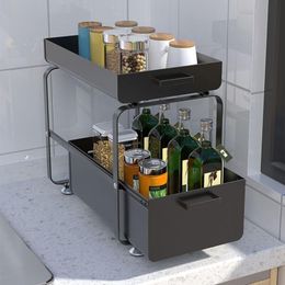 Ablageregal unter der Spüle mit ausziehbarer Schublade für Küche und Bad – 2 Ebenen – Edelstahl - Schwarz