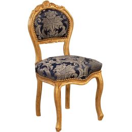 Biscottini Goldfarbener Wohnzimmer Sessel Louis XVI 90x45x42 cm Holzstuhl französischer Stil Schlafzimmer Sessel gepolsterter Barocksessel - blau und gold
