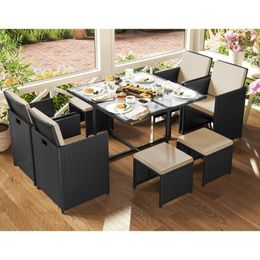 Songmics Balkonmöbel, Gartenmöbel-Set, Esszimmermöbel, Esstisch und Stühle, 9er Set, aus PE-Rattan, Terrassenmöbel, Couchtisch mit Glasoberfläche, mit Kissen,