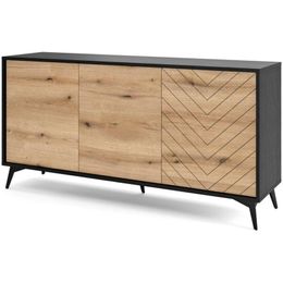 Boulia - Sideboard 3-türig, Schwarz mit Fischgrätfronten in Eiche, 154 cm - Selsey