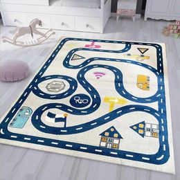 Vimoda - Kinderteppich Spielteppich Straße Auto Verkehr Teppich für Kinderzimmer Grau oder Blau,80x150 cm, Blue
